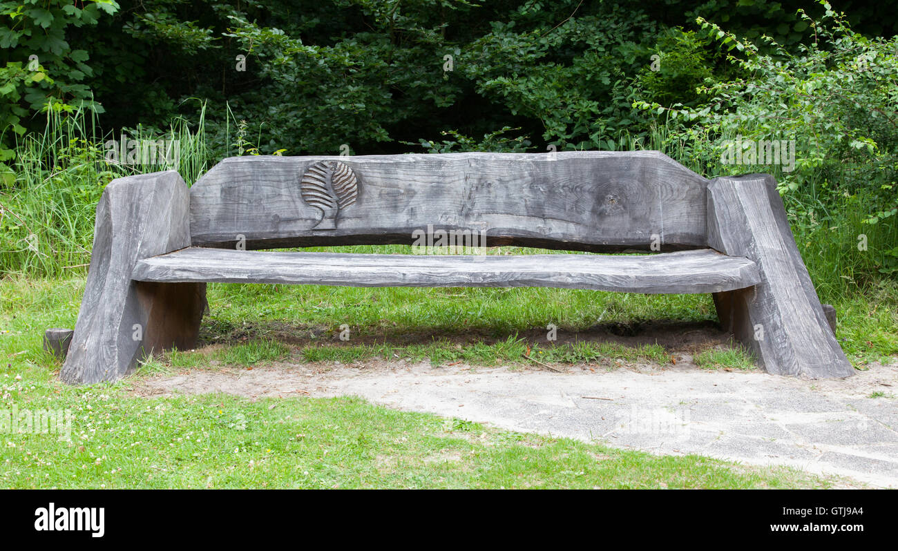 Sitting wooden bench in the woods Stock Photo - Alamy