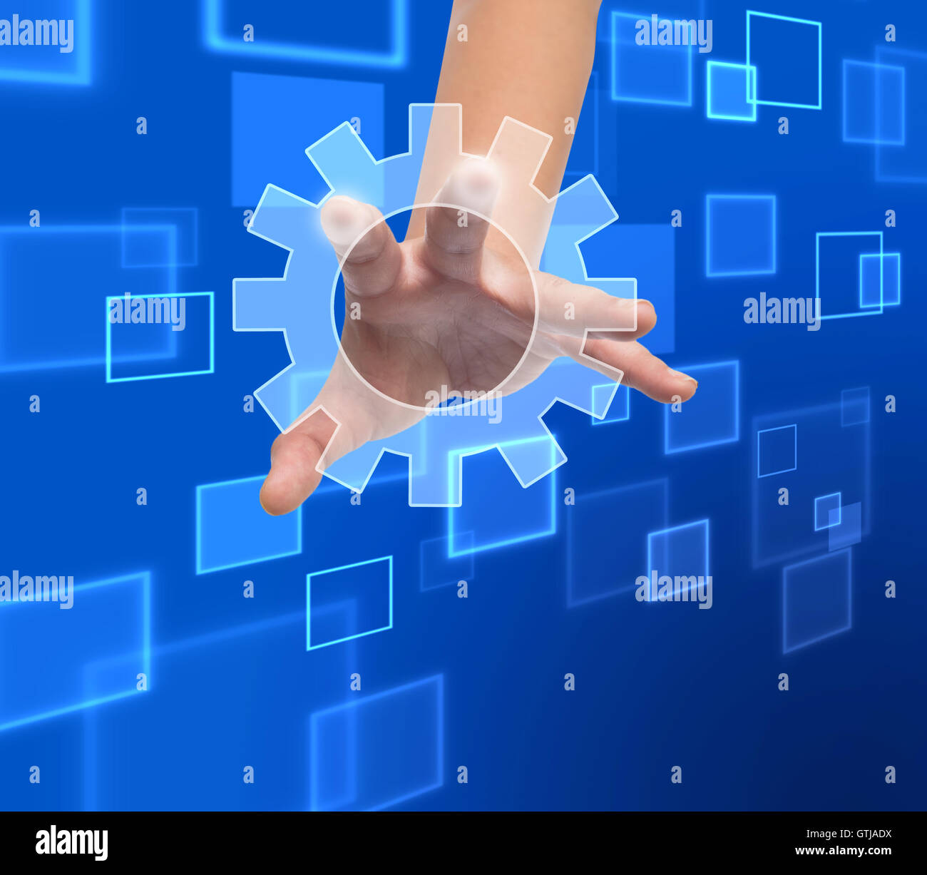 Hand pushing gear button on a touch screen interface Stock Photo - Alamy