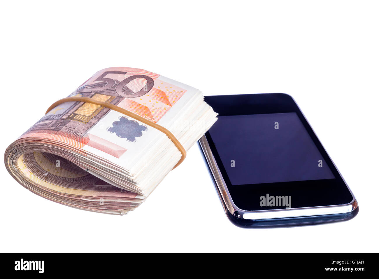 Mobile smart phone with fifty euro notes isolated on white background ...