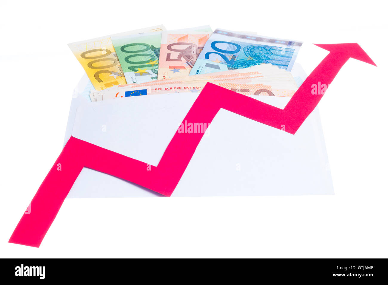 Concept of increase of euro value with red arrow growing over notes in ...