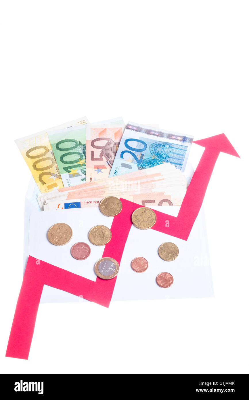 Concept of increase of euro value with red arrow growing over notes in ...