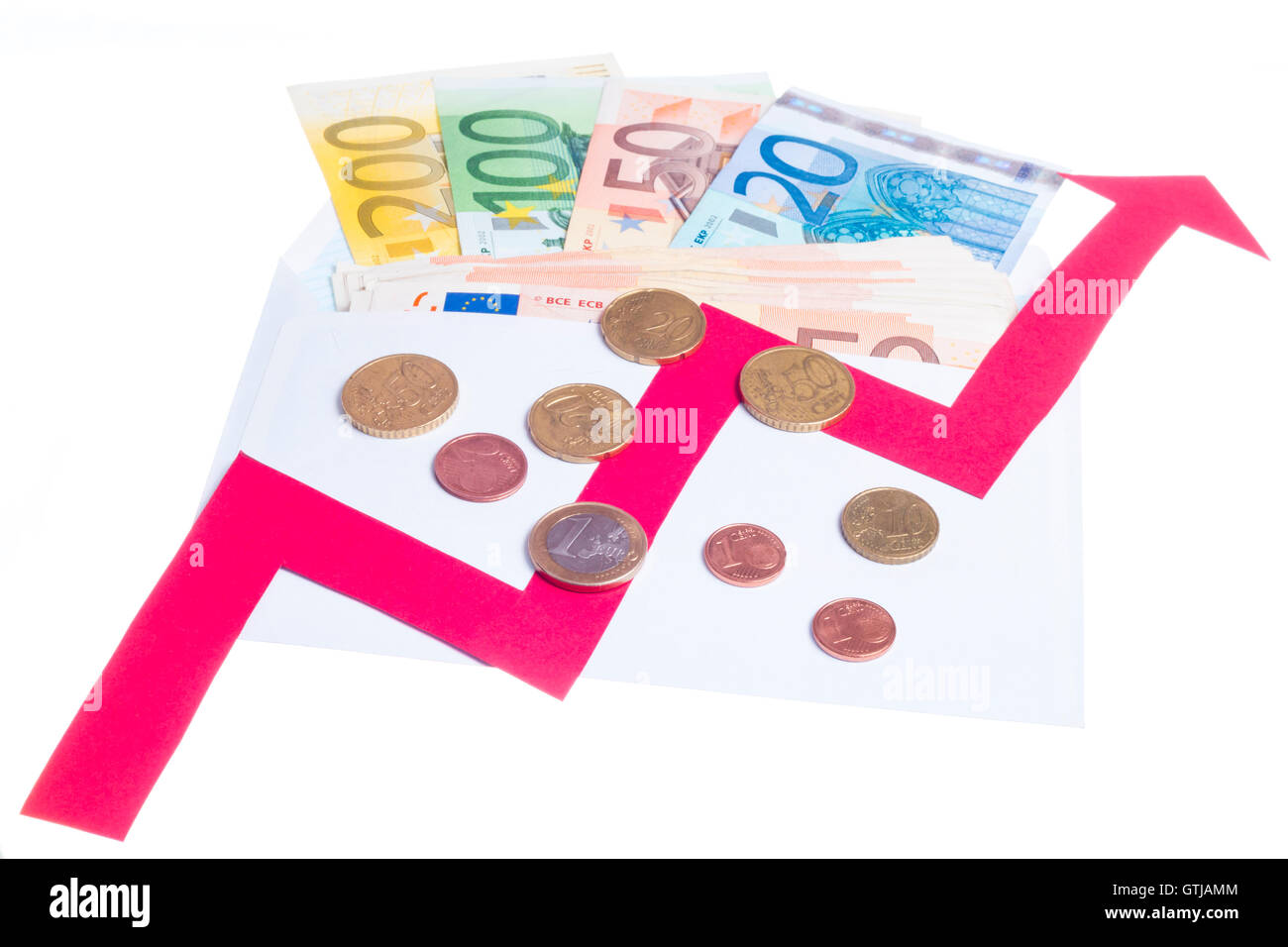 Concept of increase of euro value with red arrow growing over notes in ...