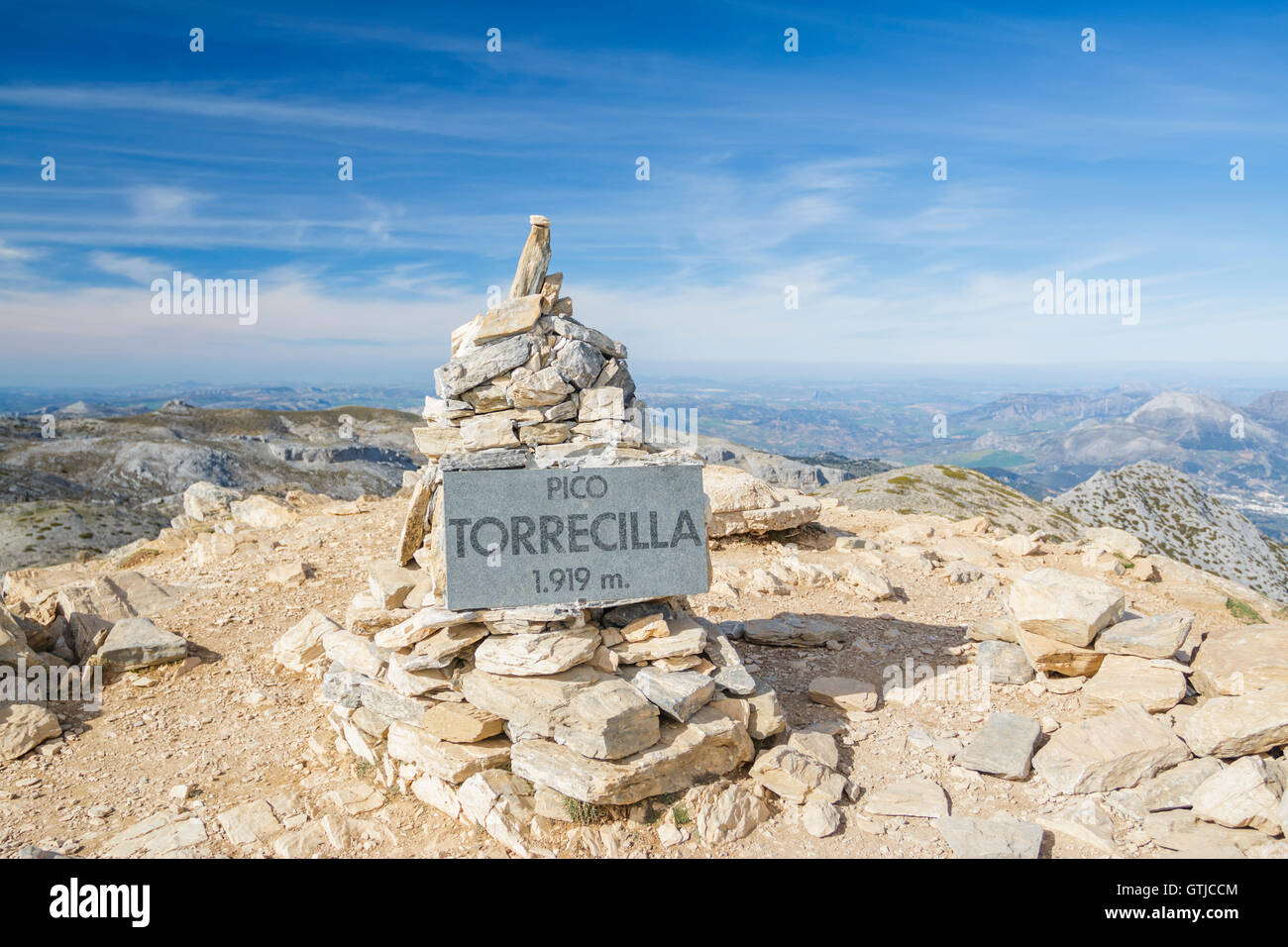 Peak milestone signal of Torrecilla mountain in Malaga, Spain Stock ...