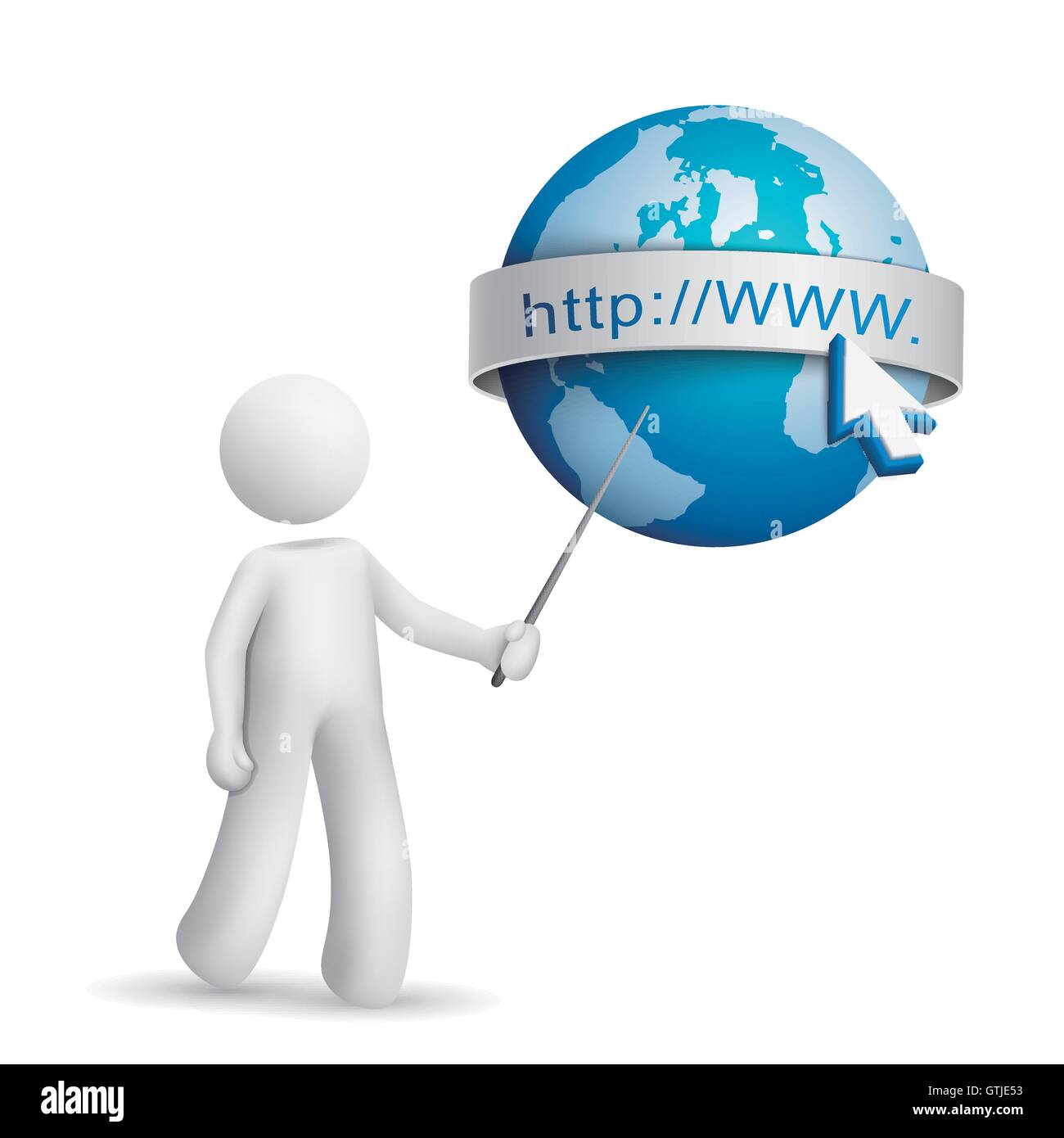 3d man pointing to an internet model isolated white background Stock ...