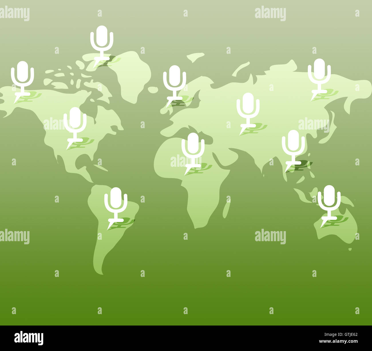Microphone button on world map background Stock Photo - Alamy