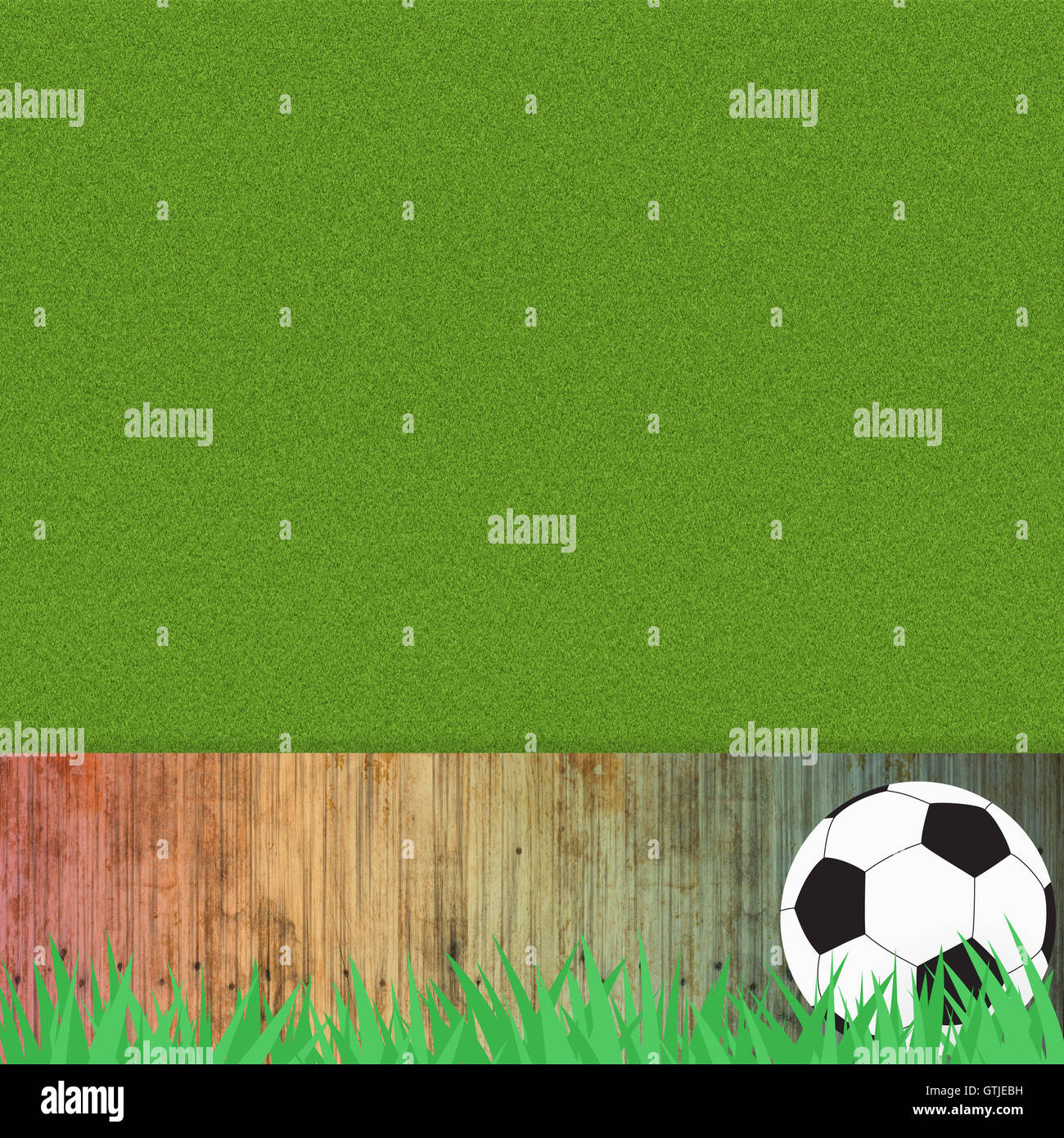 Football soccer on grass and wood background Stock Photo - Alamy