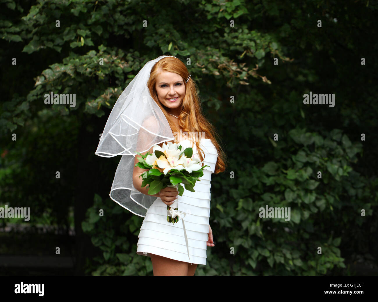 Beautiful red hair bride wearing wedding dress Stock Photo - Alamy