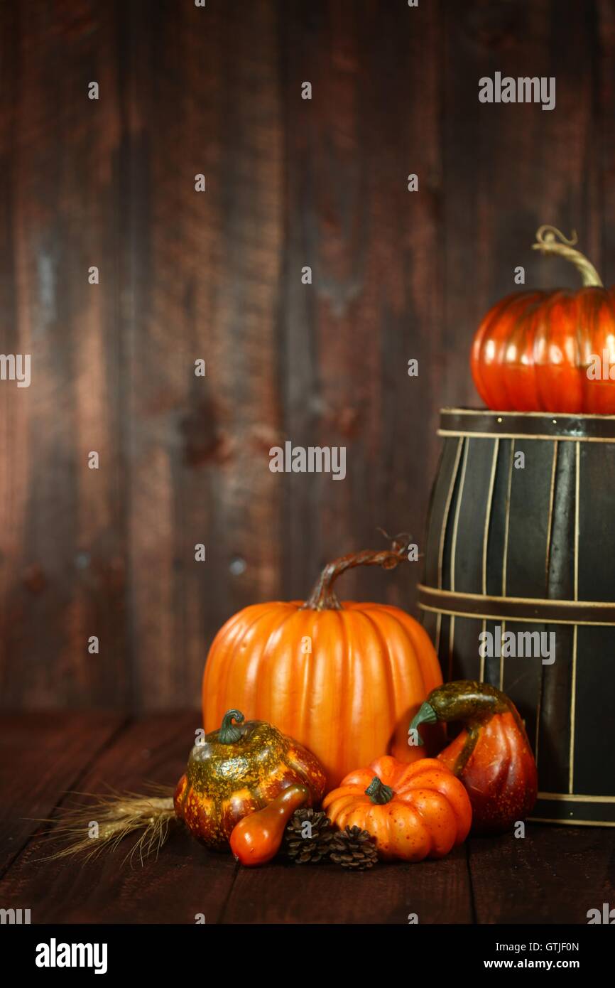 Fall Themed Scene With Pumpkins on Wood Stock Photo - Alamy
