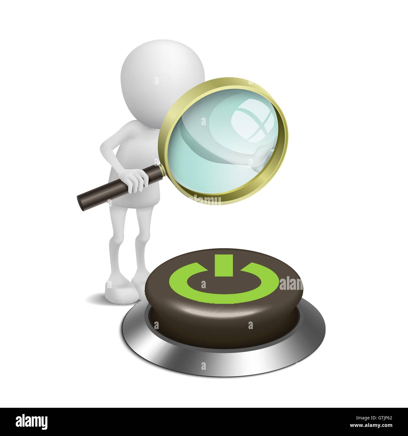 3d person watching a button with "Power" with a magnifying glass Stock ...