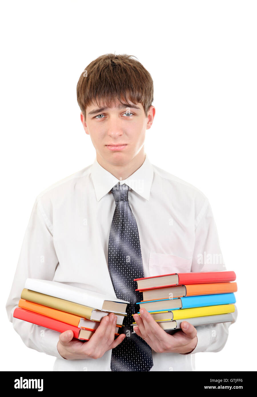 Student with Many Books Stock Photo - Alamy
