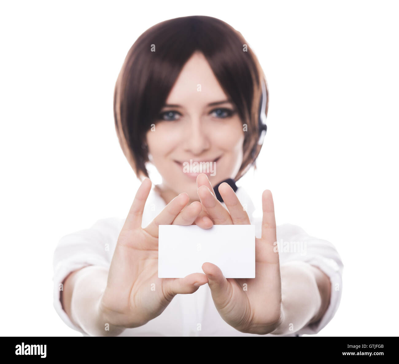 Call Center Girl Holding Card Stock Photo - Alamy