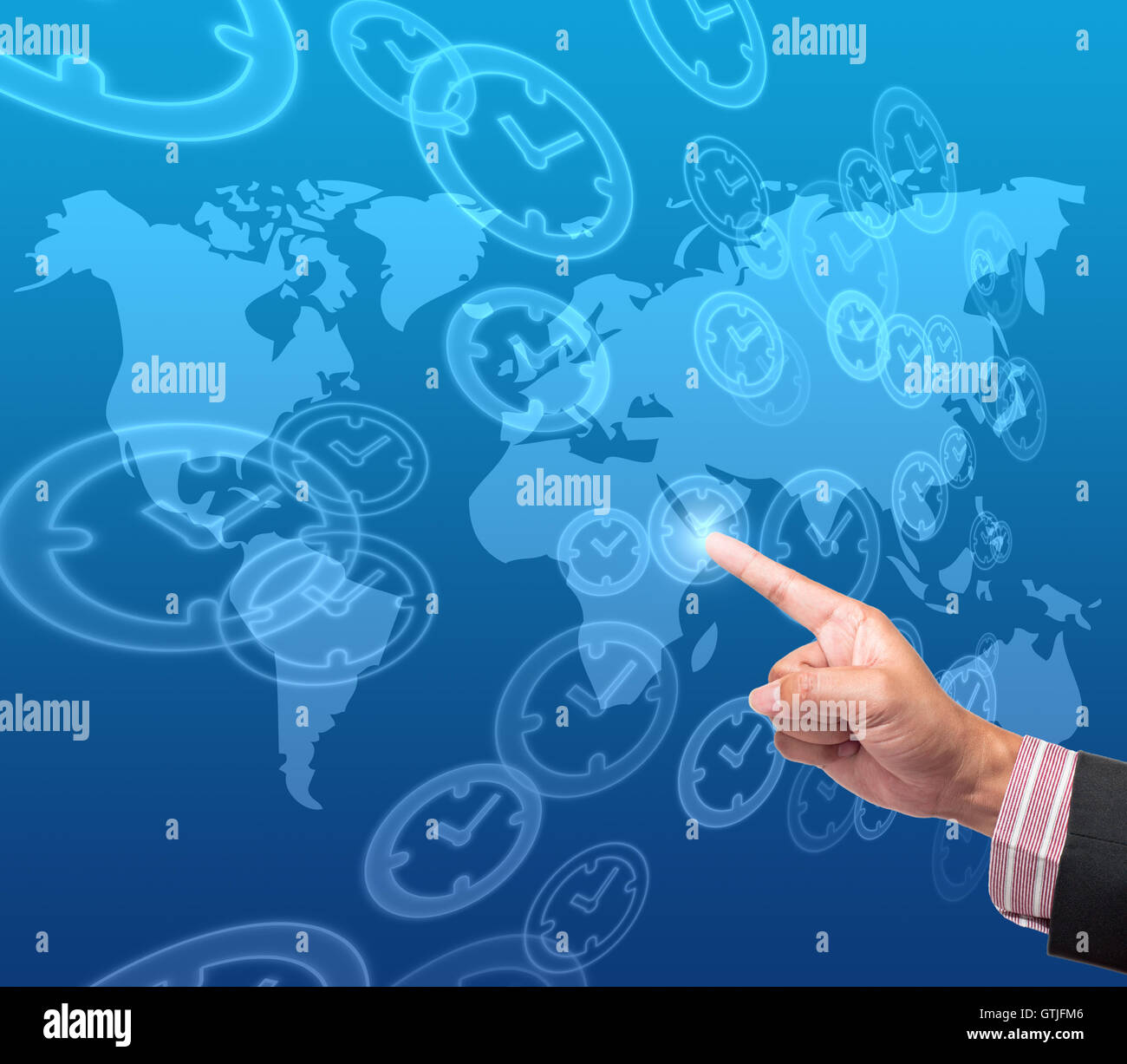 Hand pushing time button on a touch screen interface Stock Photo - Alamy