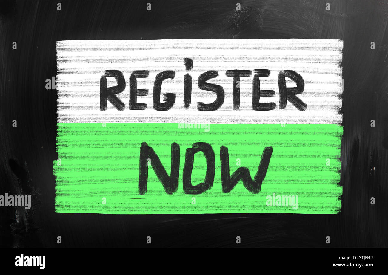 Register now handwritten with chalk on a blackboard Stock Photo - Alamy
