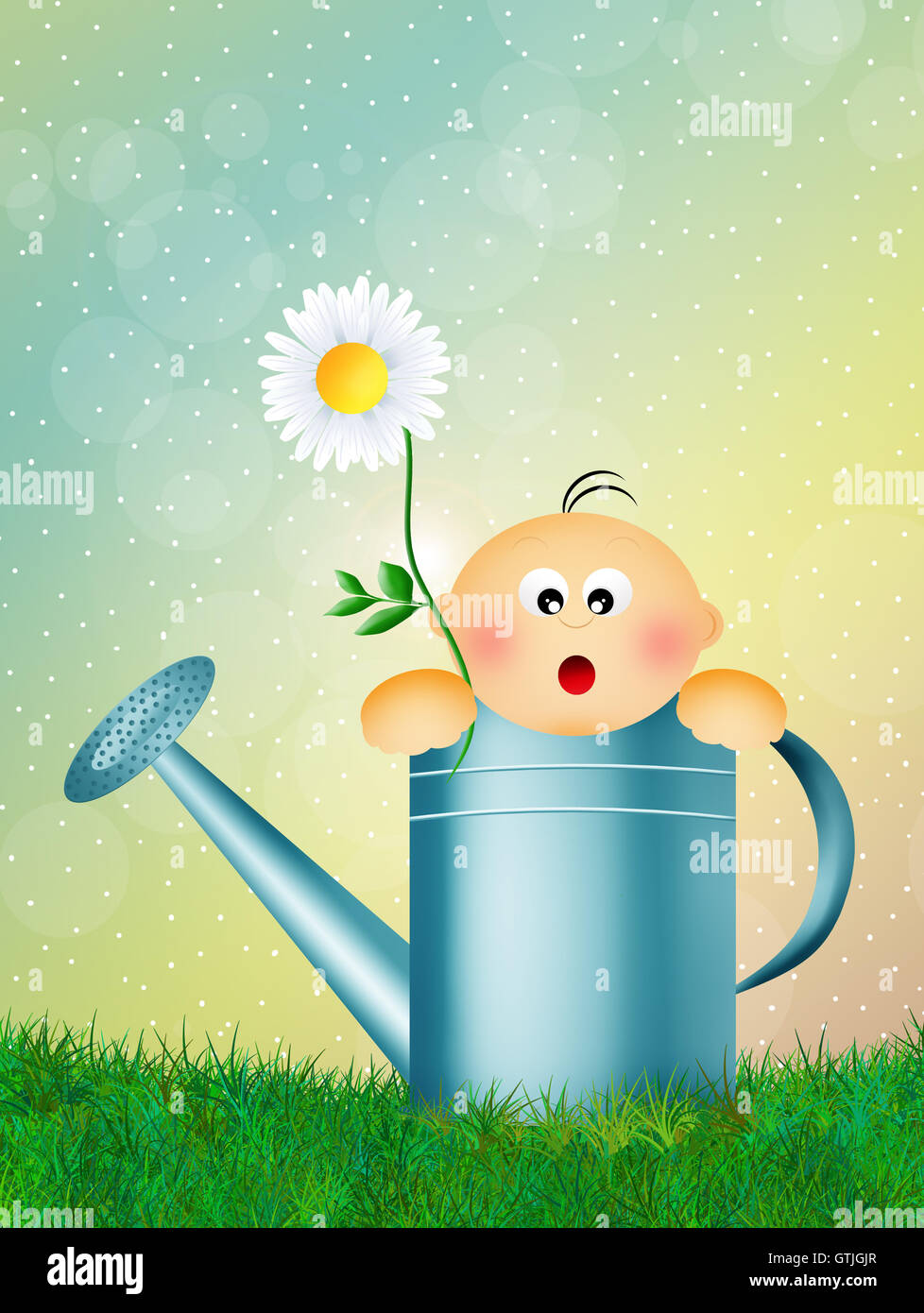 Baby in watering can Stock Photo - Alamy