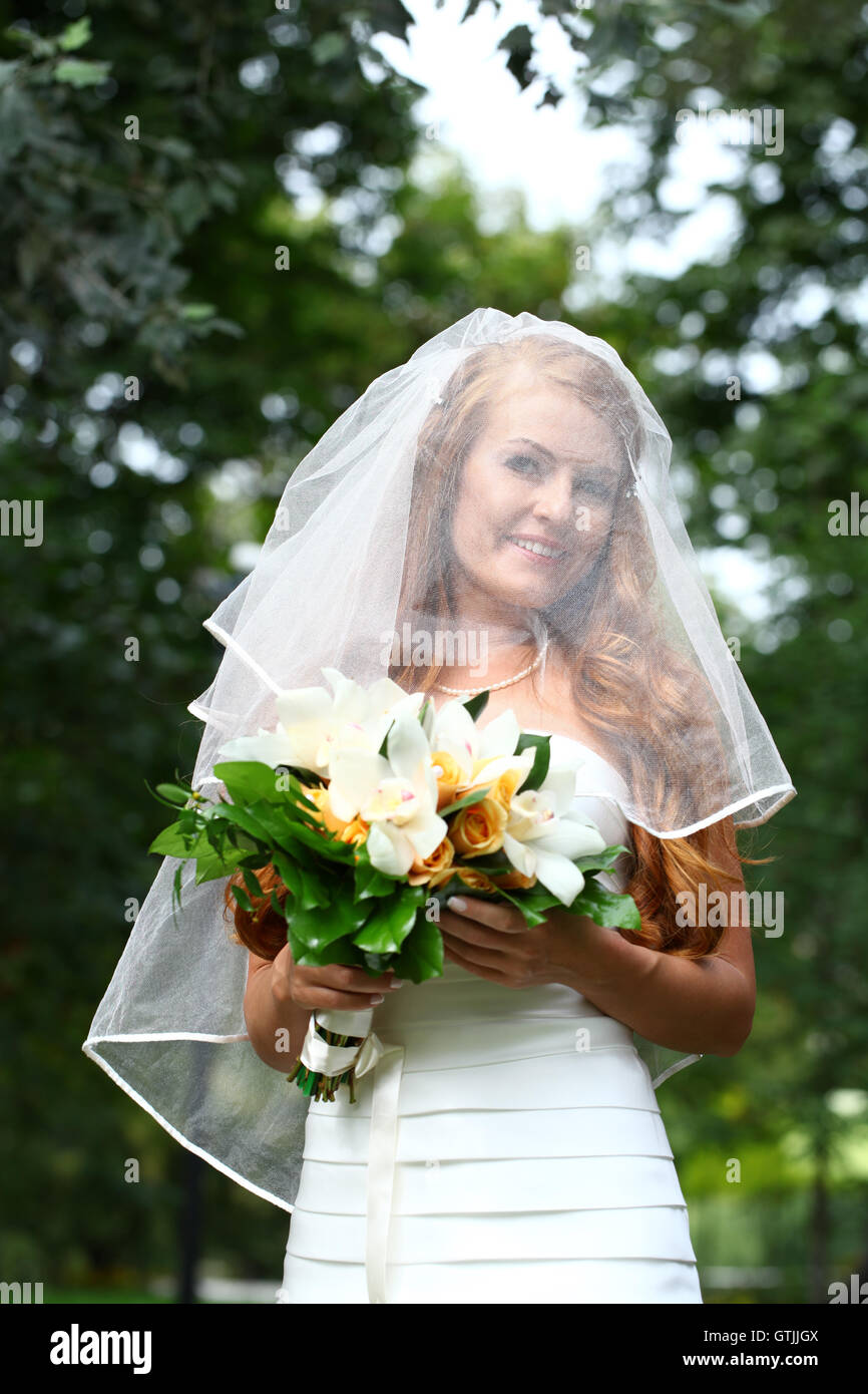 Beautiful red hair bride wearing wedding dress Stock Photo - Alamy