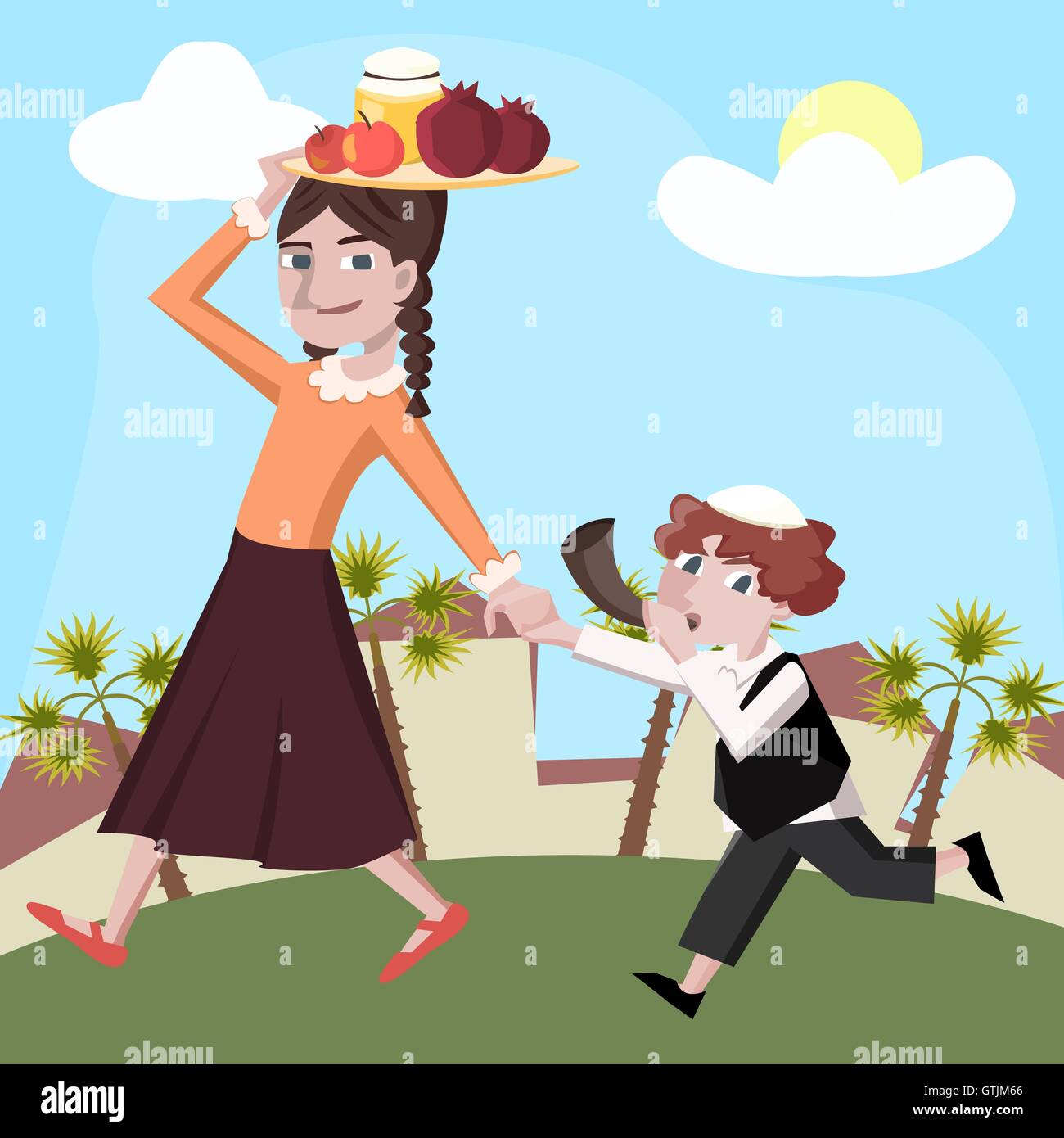 rosh hashanah greeting card, boy and girl with holiday symbols cartoon ...