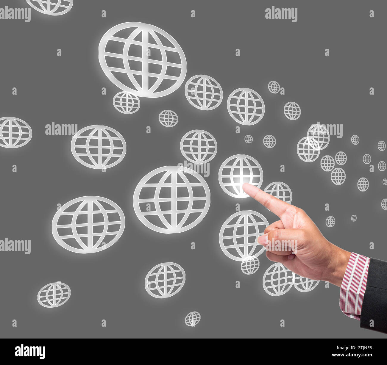 Hand pushing global button on a touch screen interface Stock Photo - Alamy