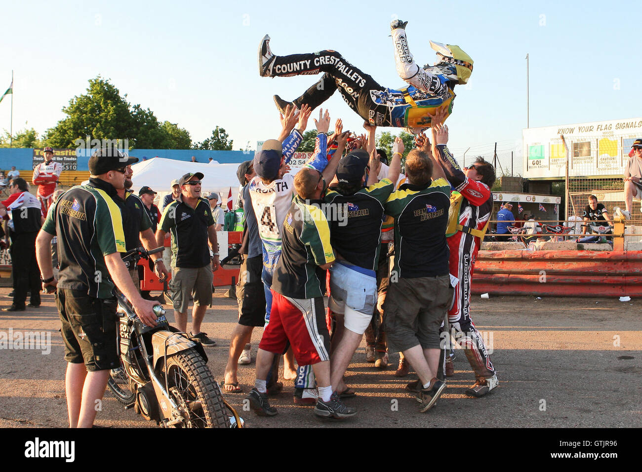 Darcy Ward of team Australia is thrown into the air by his fellow ...