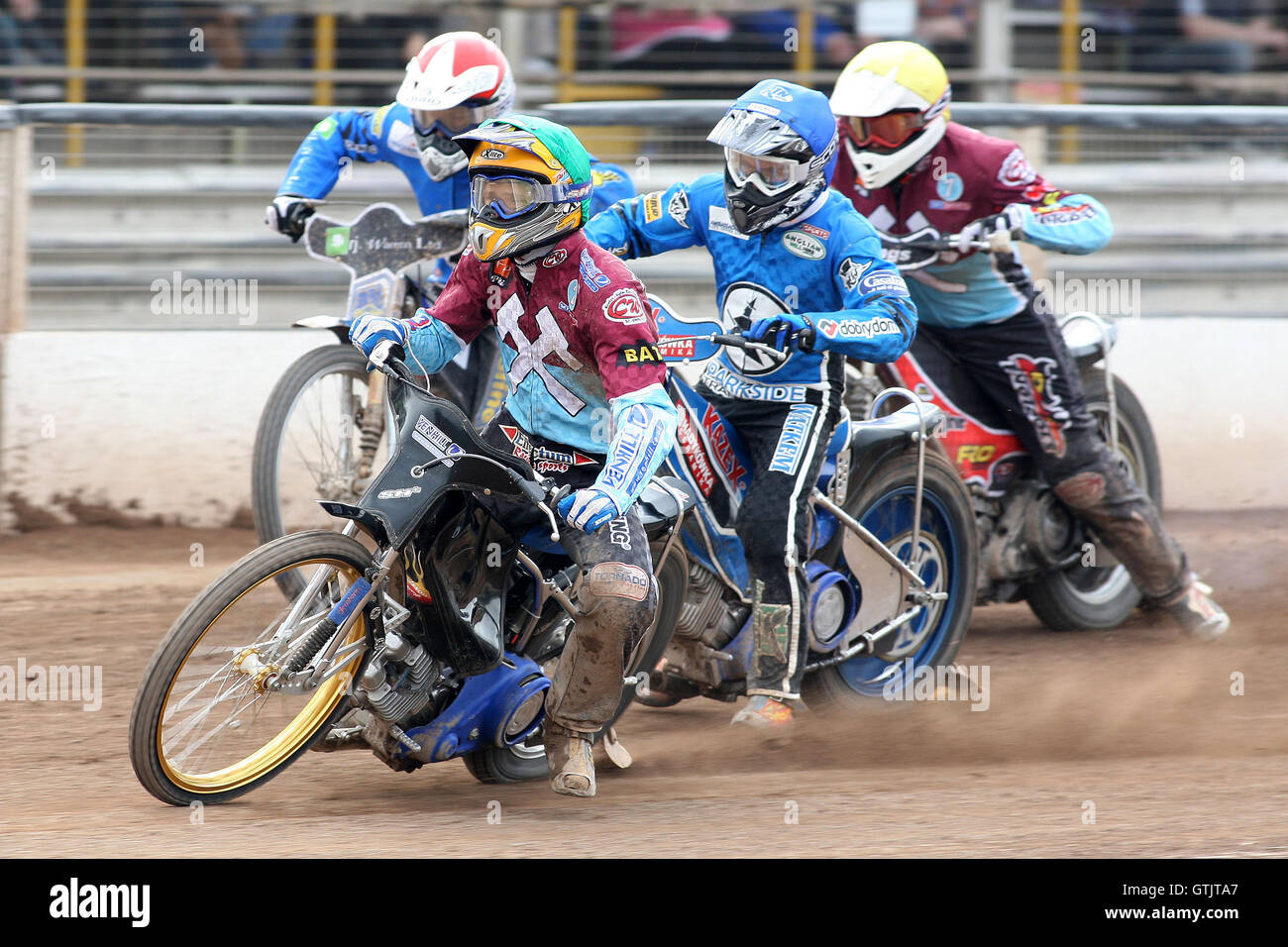 Heat 14: Jonas Davidsson (green), Danny King (red), Dawid Stachyra ...