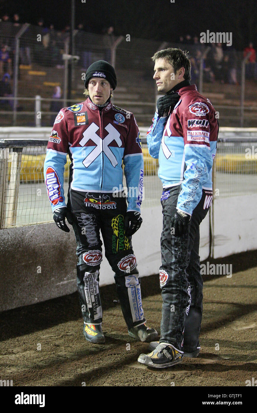 Lakeside riders Adam Shields (L) and Phil Morris discuss track ...