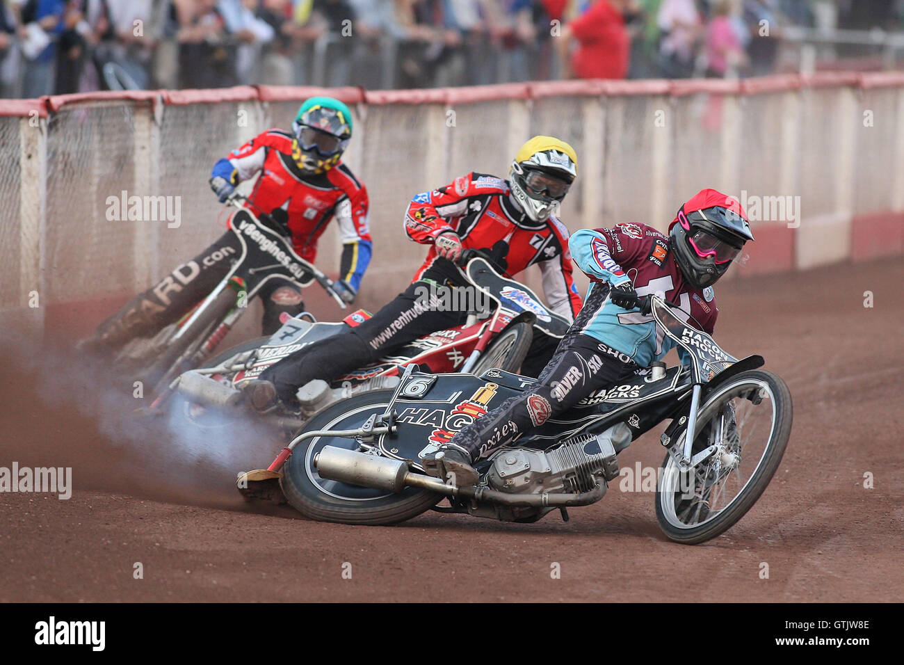 Heat 2: Robert Mear (red), Ulrich Ostergaard (yellow) and Ricky Kling ...