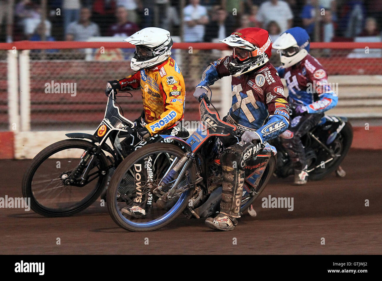 Heat 6: Sebastian Ulamek (white), Davey Watt (red) and Stuart Robson ...