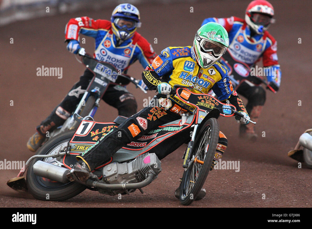 Heat 5: Scott Nicholls (green), Jonas Davidsson (blue), Adam Shields ...