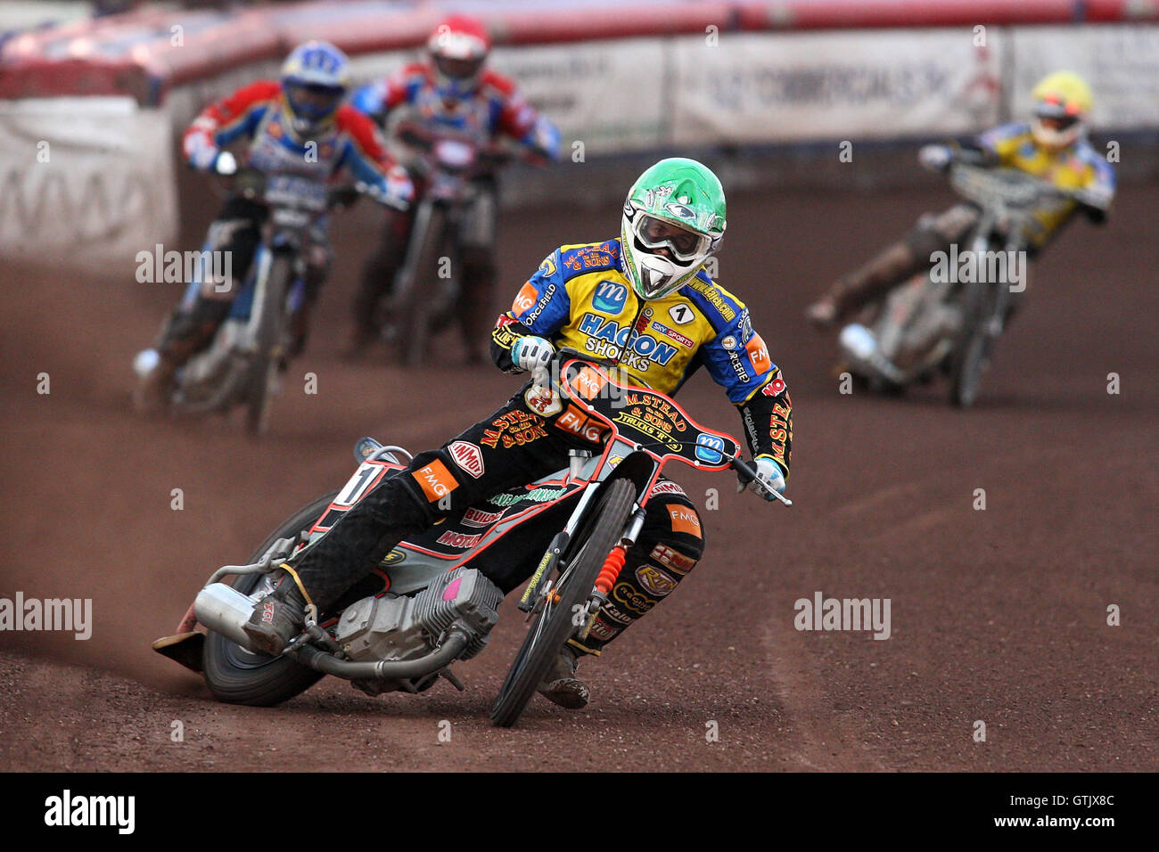 Heat 5: Scott Nicholls (green), Jonas Davidsson (blue), Adam Shields ...