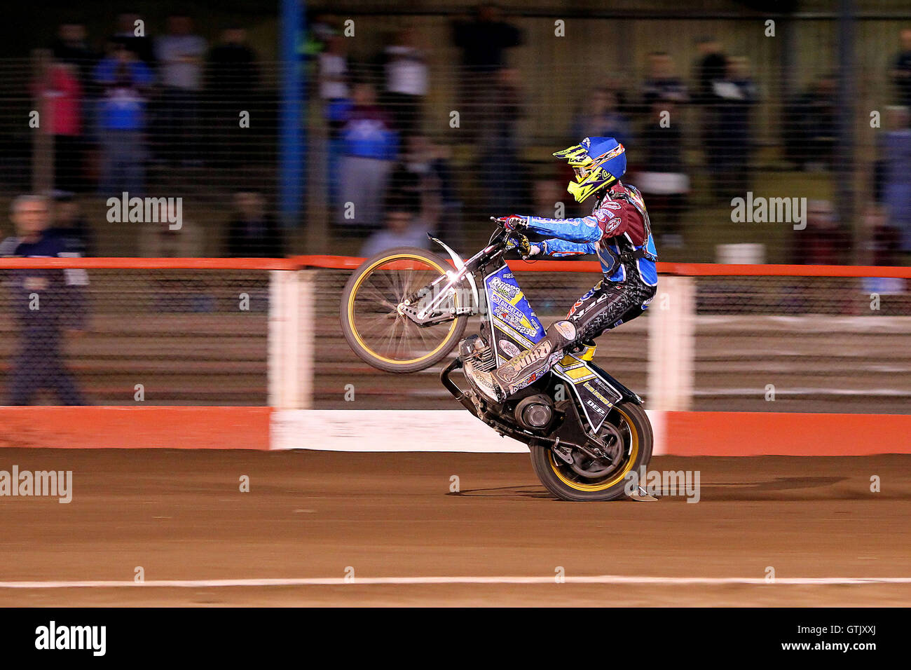 Heat 10: Kim Nilsson of Lakeside celebrates a 5-1 with a wheelie ...