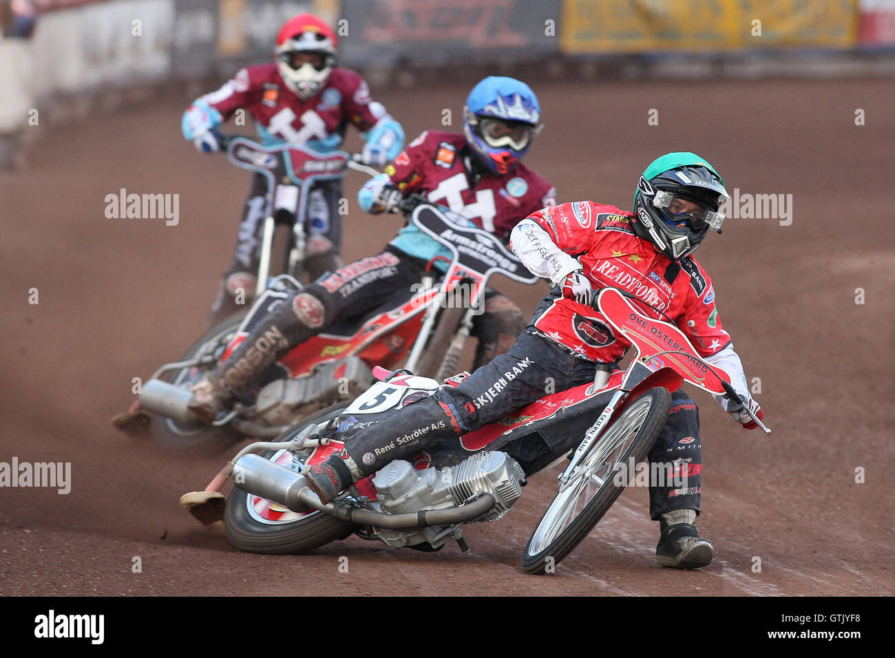 Heat 4: Kenneth Bjerre (green), Stuart Robson (blue) and Kauko Nieminen ...