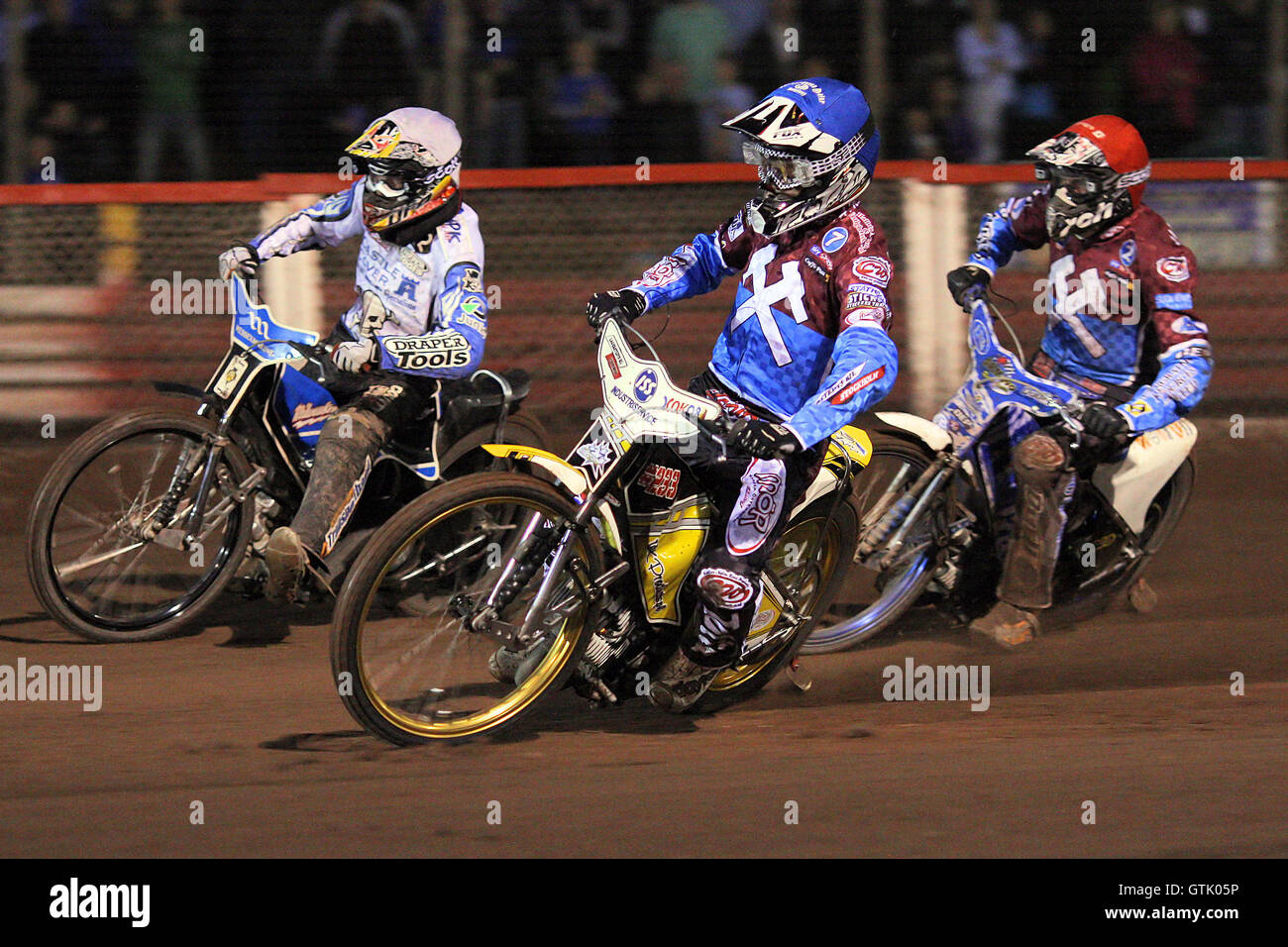 Heat 8: Kim Nilsson (blue), Dennis Andersson (white) and Kauko Nieminen ...