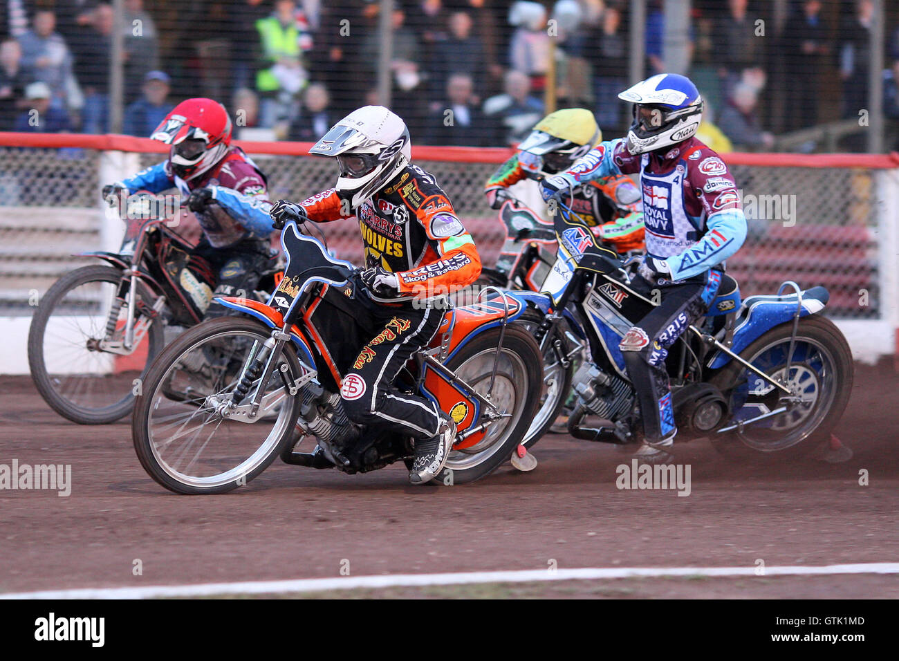 Heat 9: Peter Karlsson (white), Piotr Swiderski (blue), Adam Shields ...