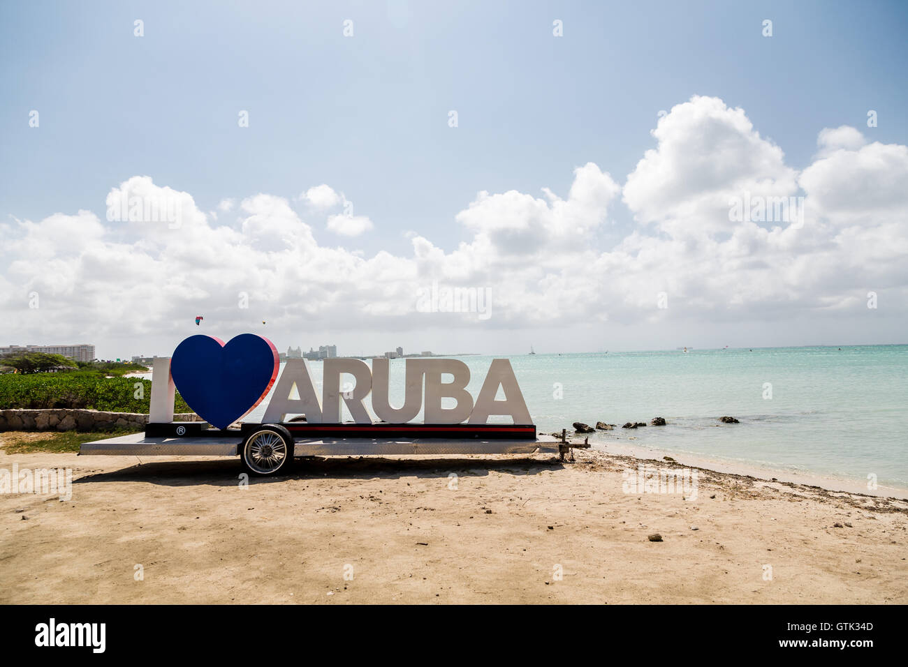 An I Heart Aruba Sign on a trailer parked on the beach Stock Photo - Alamy