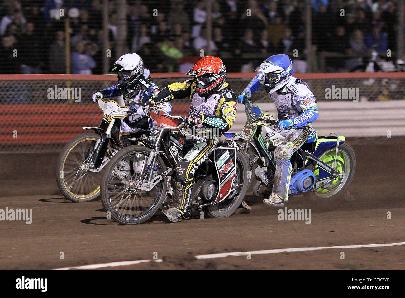 Heat 9: Chris Harris (red), Justin Sedgmen (blue) and Greg Hancock ...