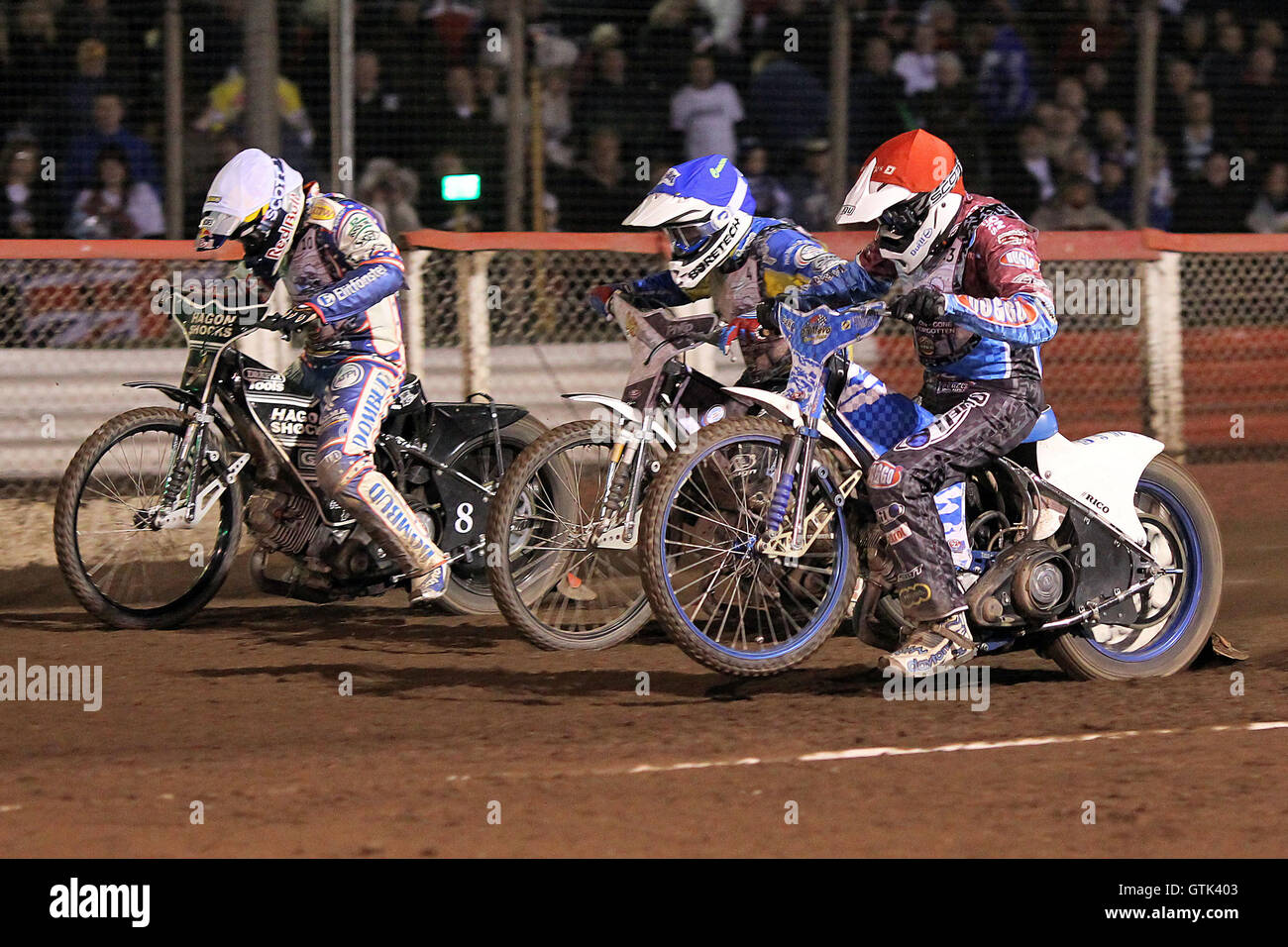 Heat 12: Kauko Nieminen (red), Cameron Woodward (blue) and Jason Crump ...