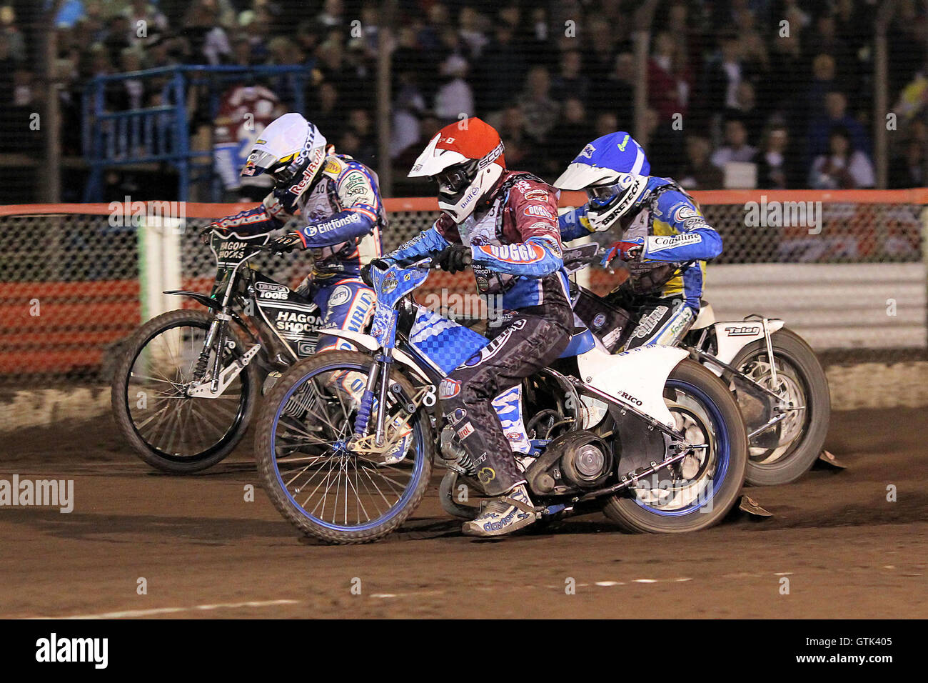 Heat 12: Kauko Nieminen (red), Cameron Woodward (blue) and Jason Crump ...