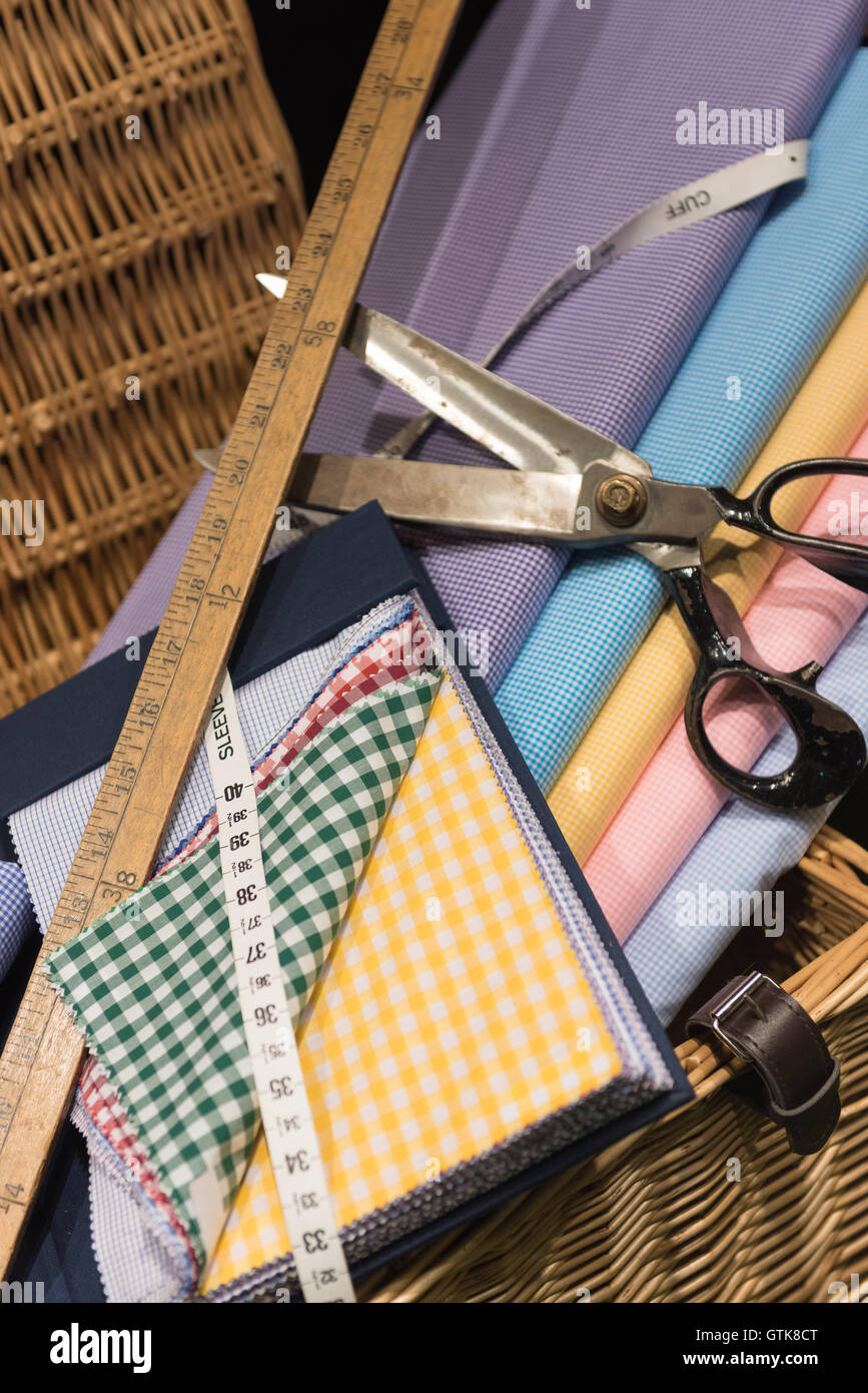Brightly Colored Swatches in Wicker Basket with Wooden Rulers ...