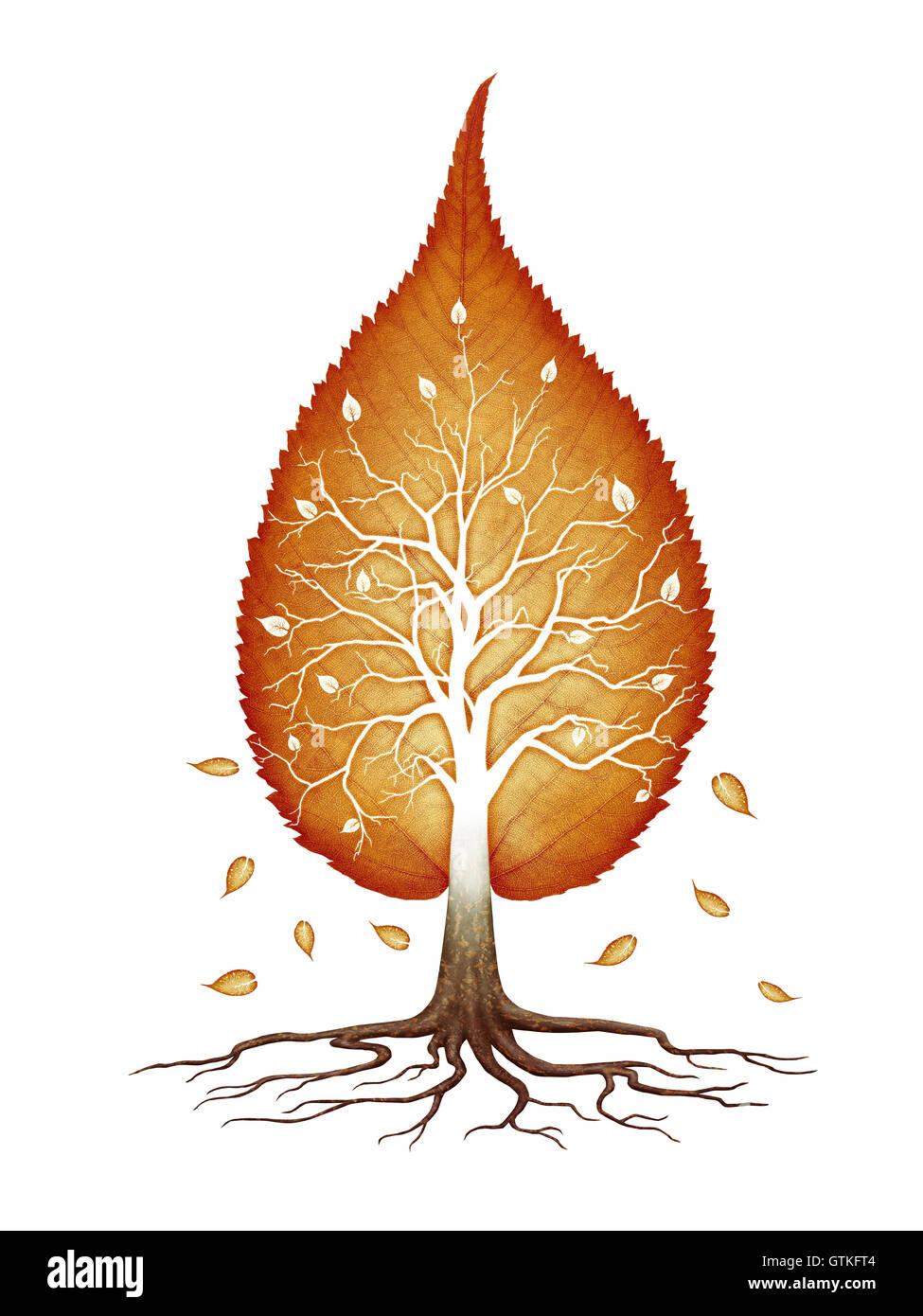 Red autumn leaf shaped tree with branches and roots nature infinite ...