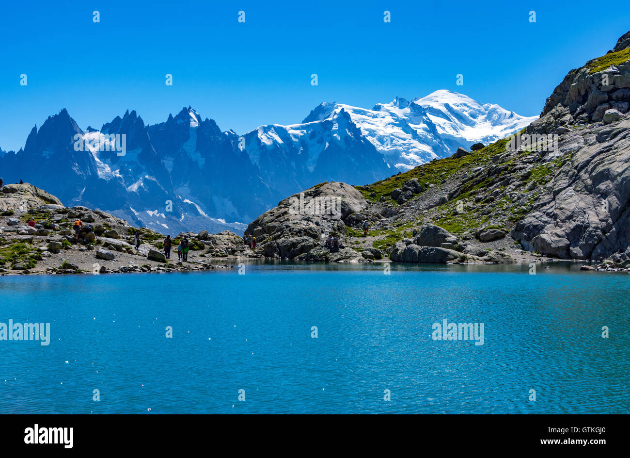Mont Blanc, highest in Europe, towering above the Chamonix Aiguilles ...