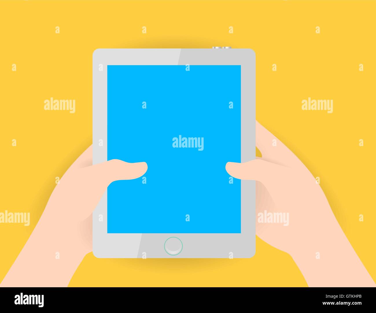 Hand holding modern white colored tablet blue screen. Vector icon web ...