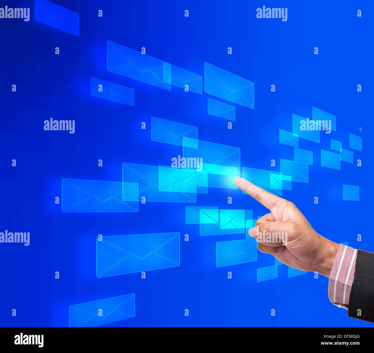Hand pushing mail button of tablet on a touch screen interface Stock ...