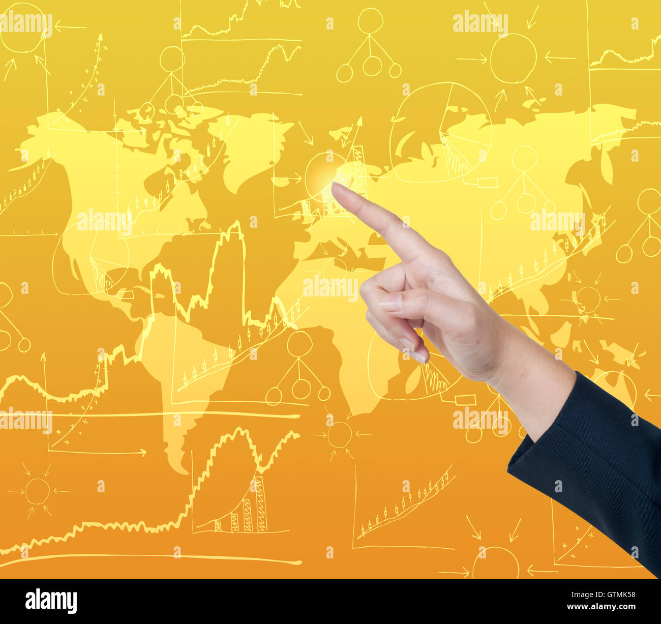 Hand pushing drawing business button Stock Photo - Alamy