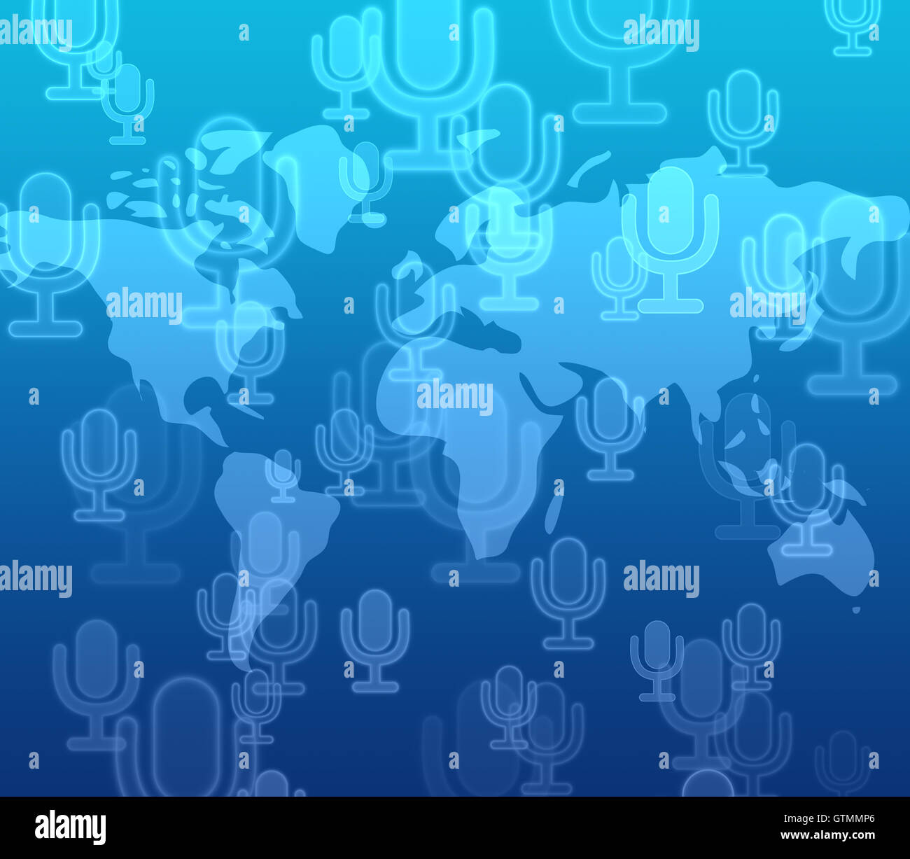 Microphone button on world map background Stock Photo - Alamy