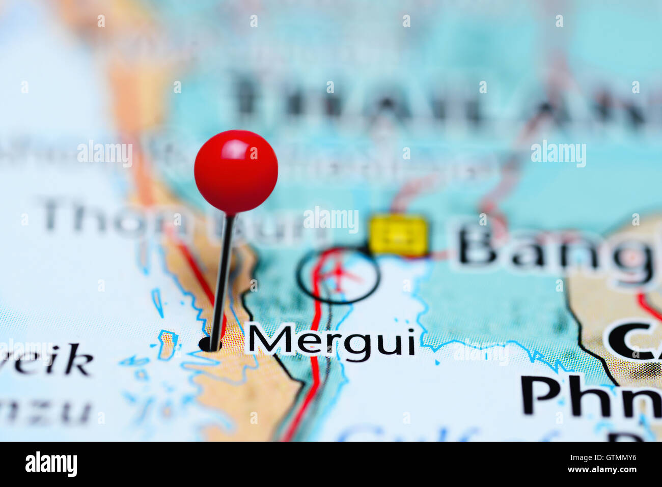 Mergui pinned on a map of Myanmar Stock Photo - Alamy