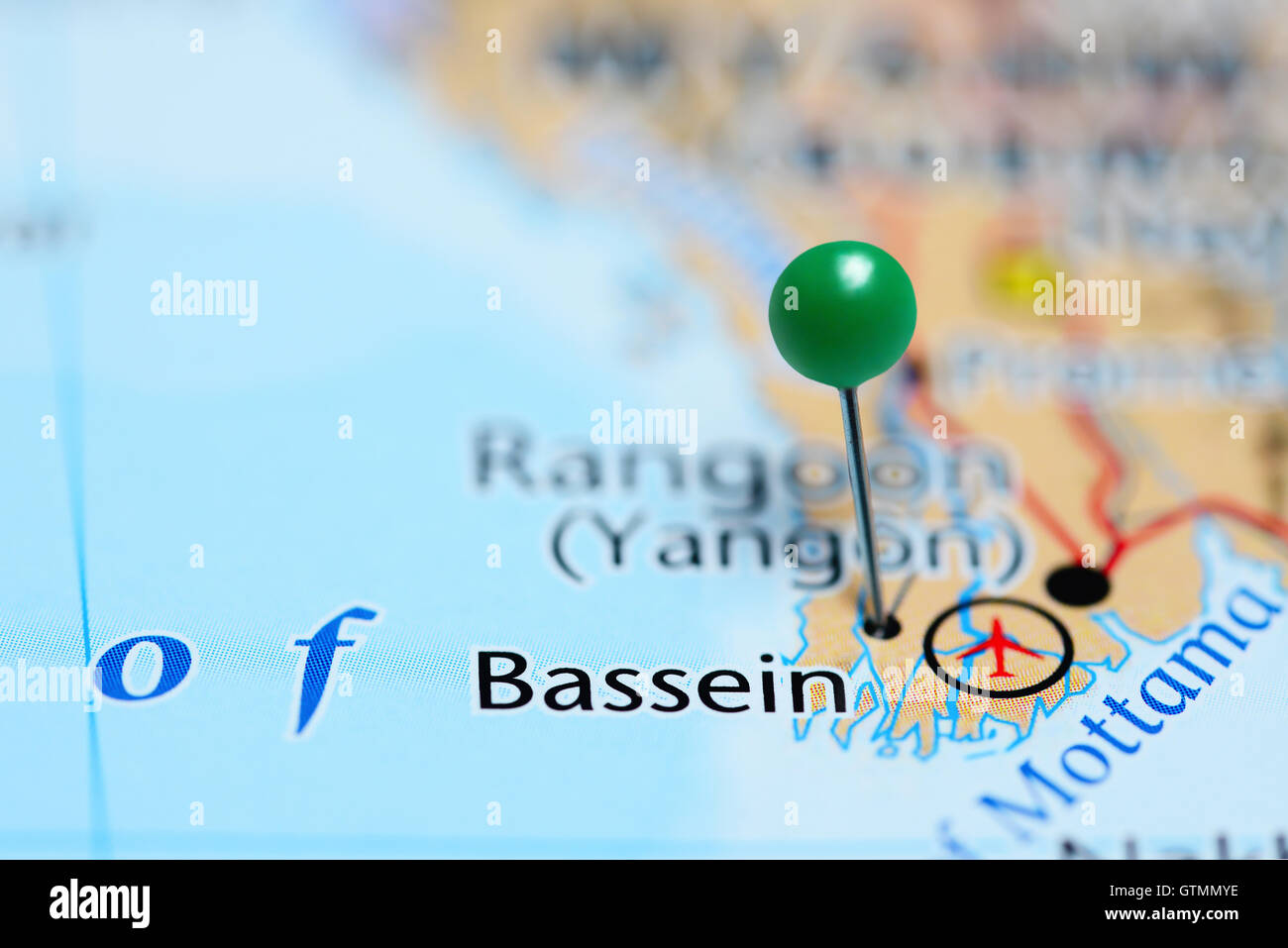 Bassein pinned on a map of Myanmar Stock Photo - Alamy