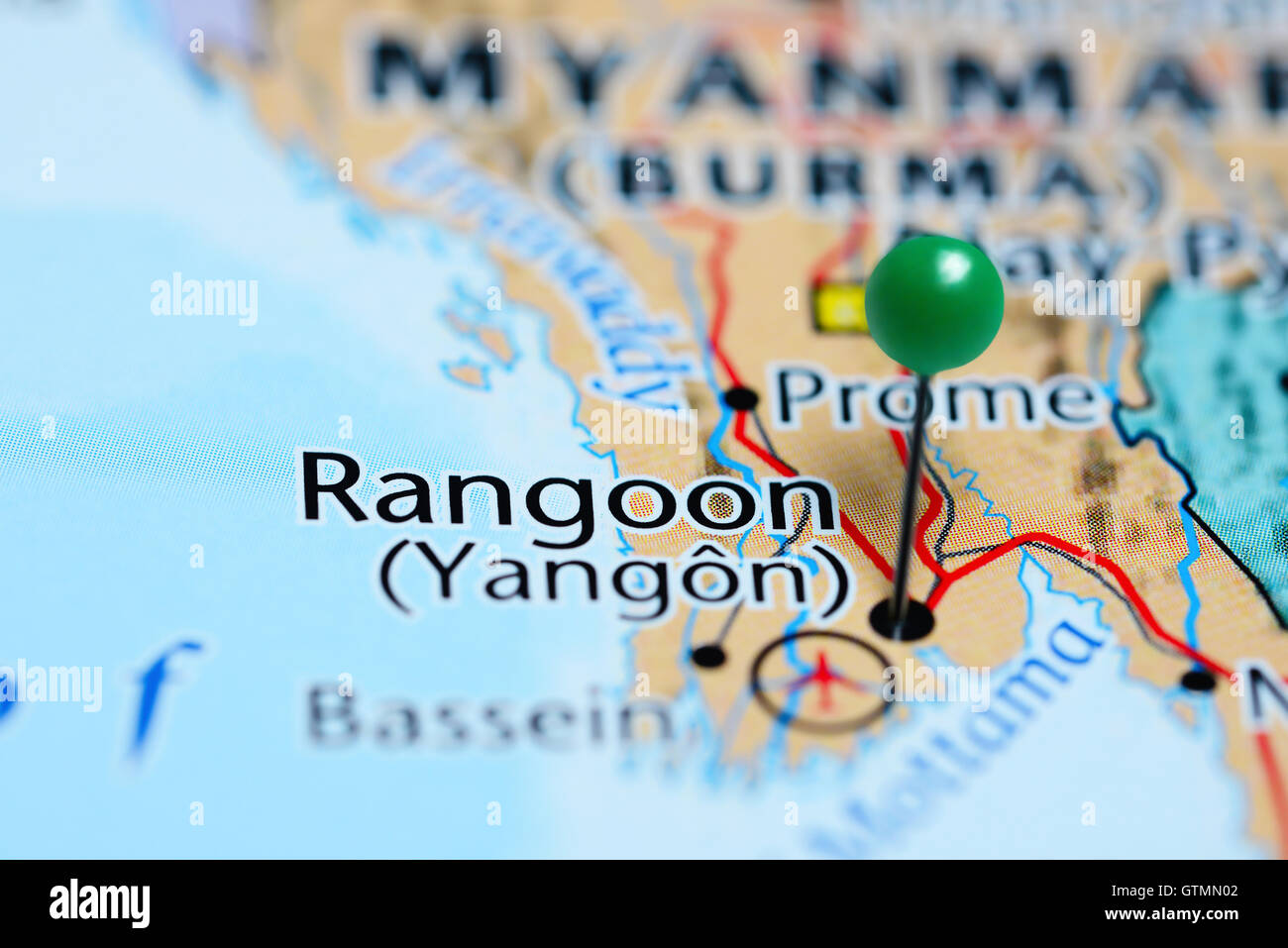 Rangoon pinned on a map of Myanmar Stock Photo - Alamy