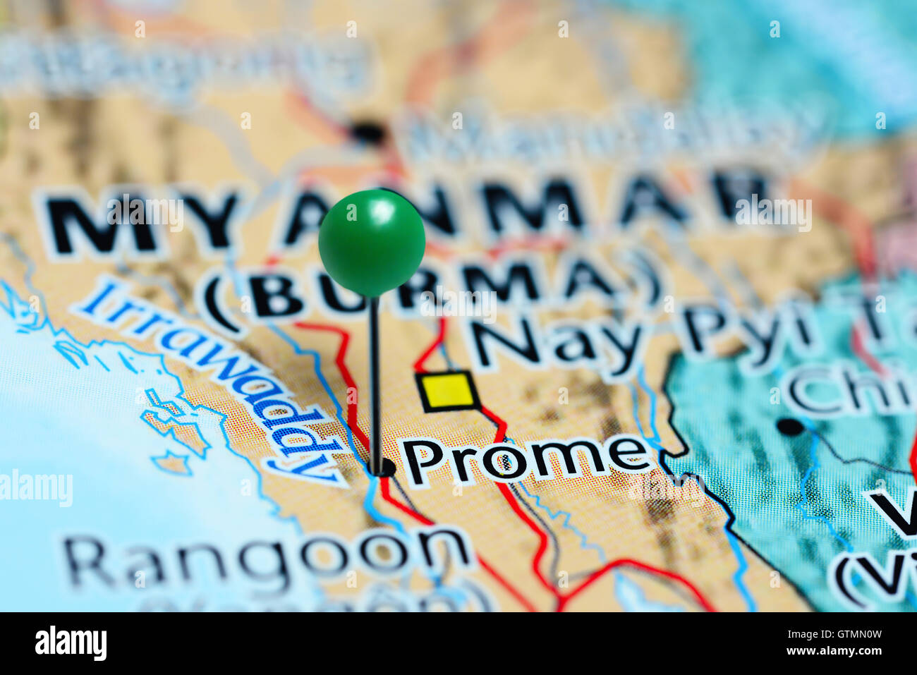 Prome pinned on a map of Myanmar Stock Photo - Alamy
