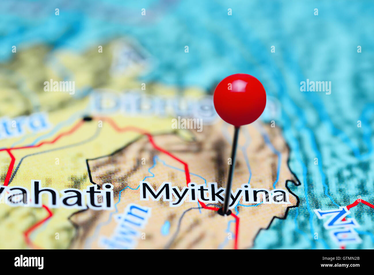 Mytkyina pinned on a map of Myanmar Stock Photo - Alamy