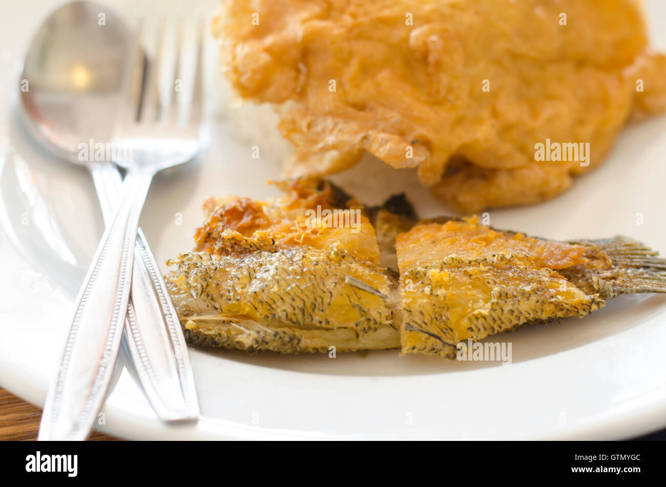 fried fish and omelet in dish Stock Photo - Alamy