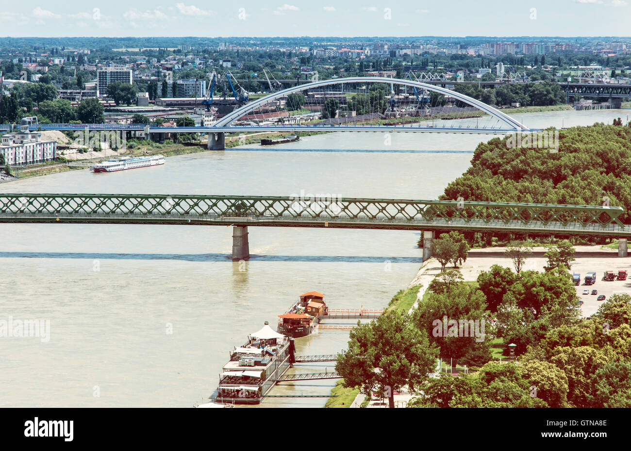 Bridges over the Danube river in Bratislava city, Slovak republic. Old ...